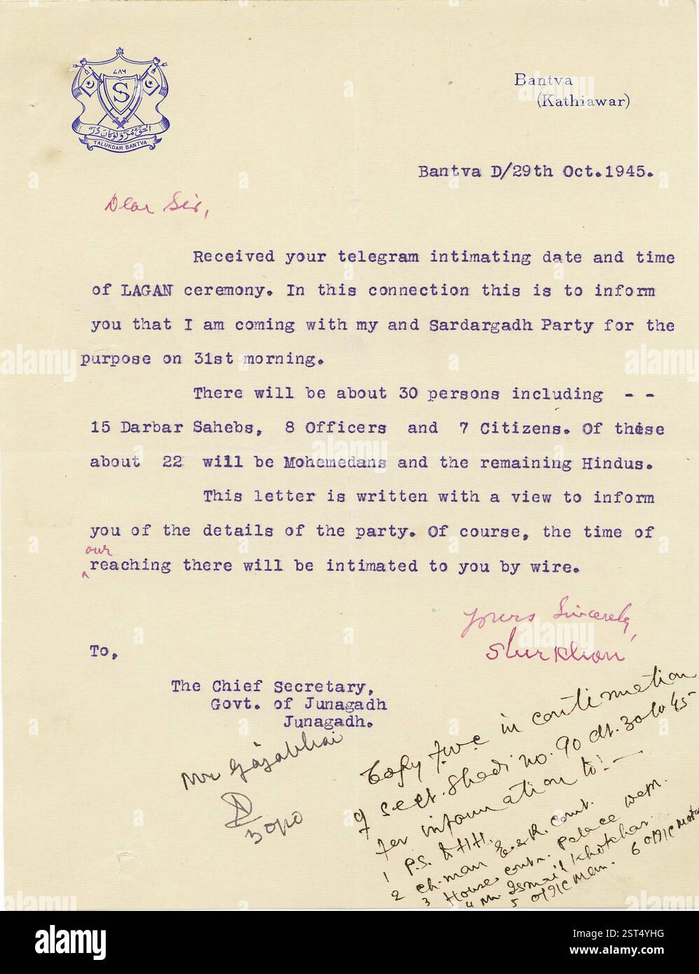 Letter head with royal seal or Coat of Arms 29/x/1945, Bantwa ...