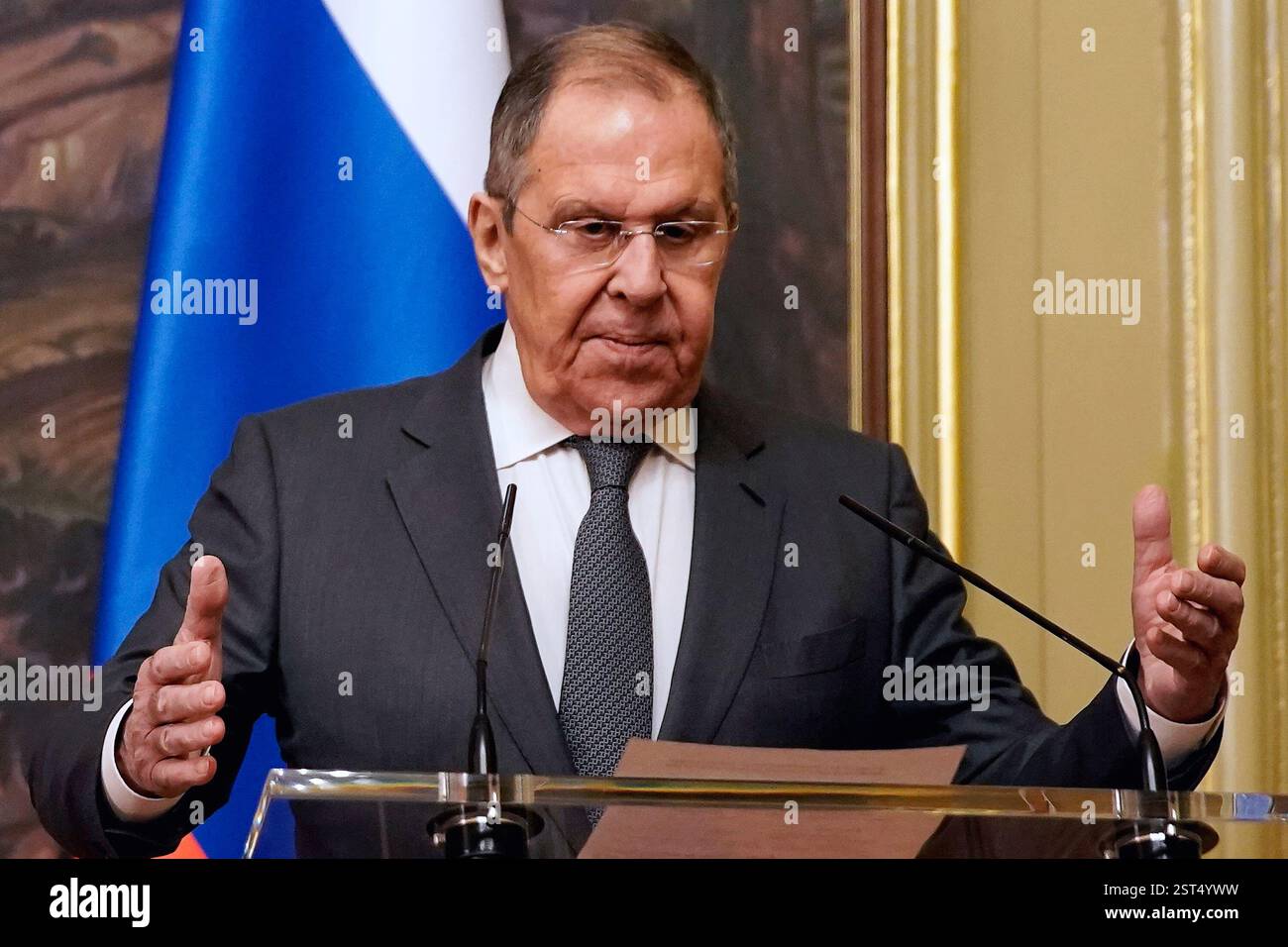 Russian Foreign Minister Sergey Lavrov speaks during a joint news ...