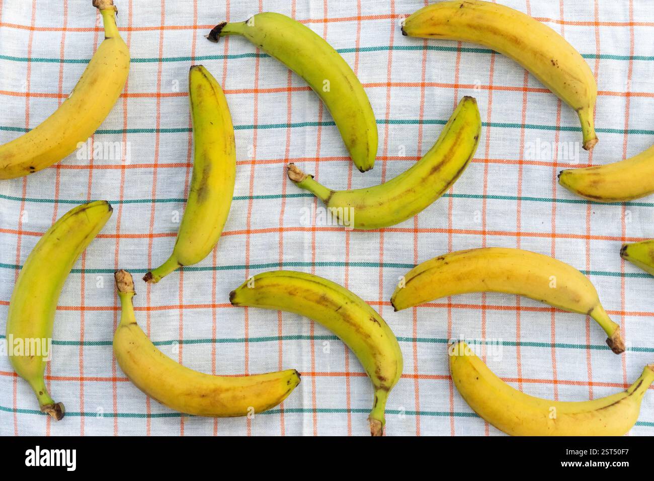 Three yellow ripe bananas at the bottom left corner with white textured ...