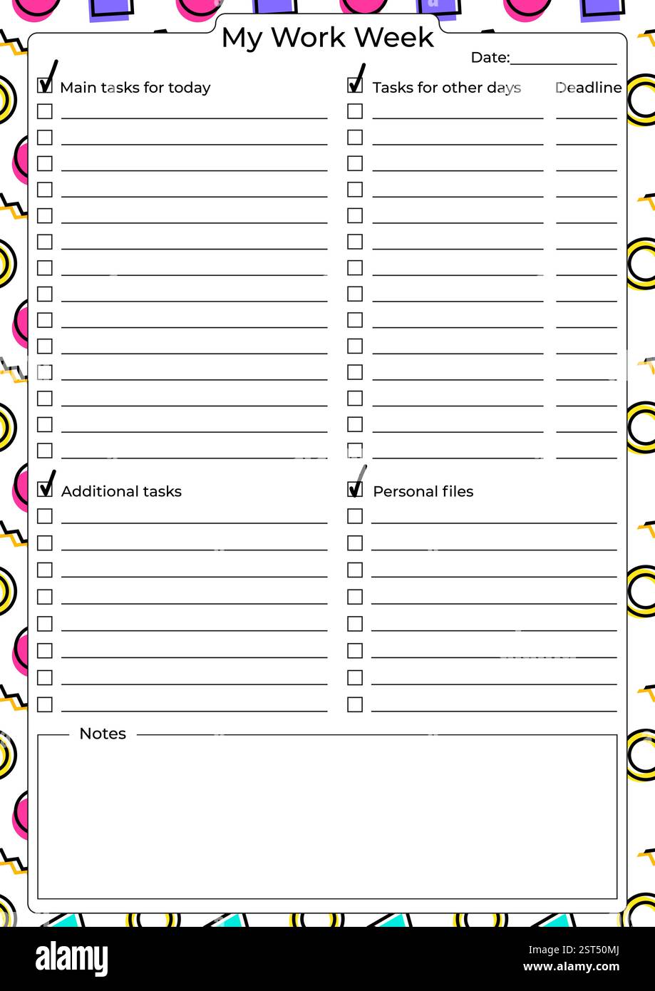 A colorful weekly task planner with sections for main tasks, additional ...
