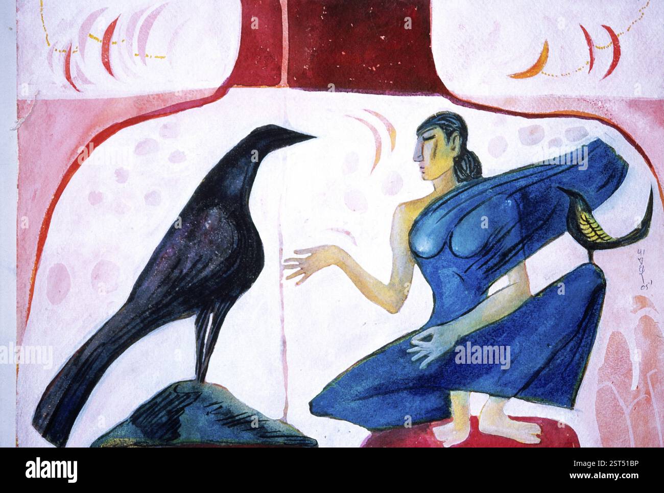 Painting of woman with crow Stock Photo - Alamy