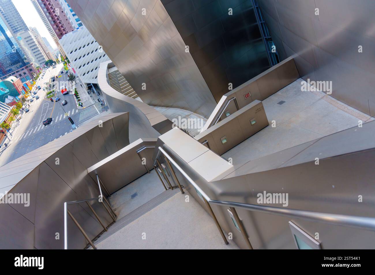 Los Angeles, California - January 7, 2025: Curved metal stairs provide ...