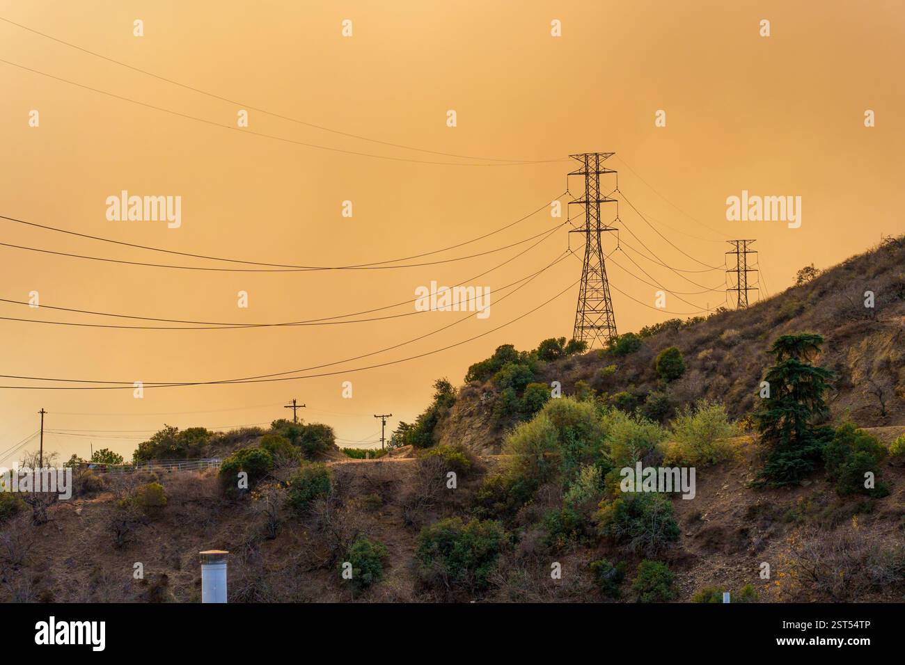Los Angeles, California - January 8, 2025: View of power lines on ...