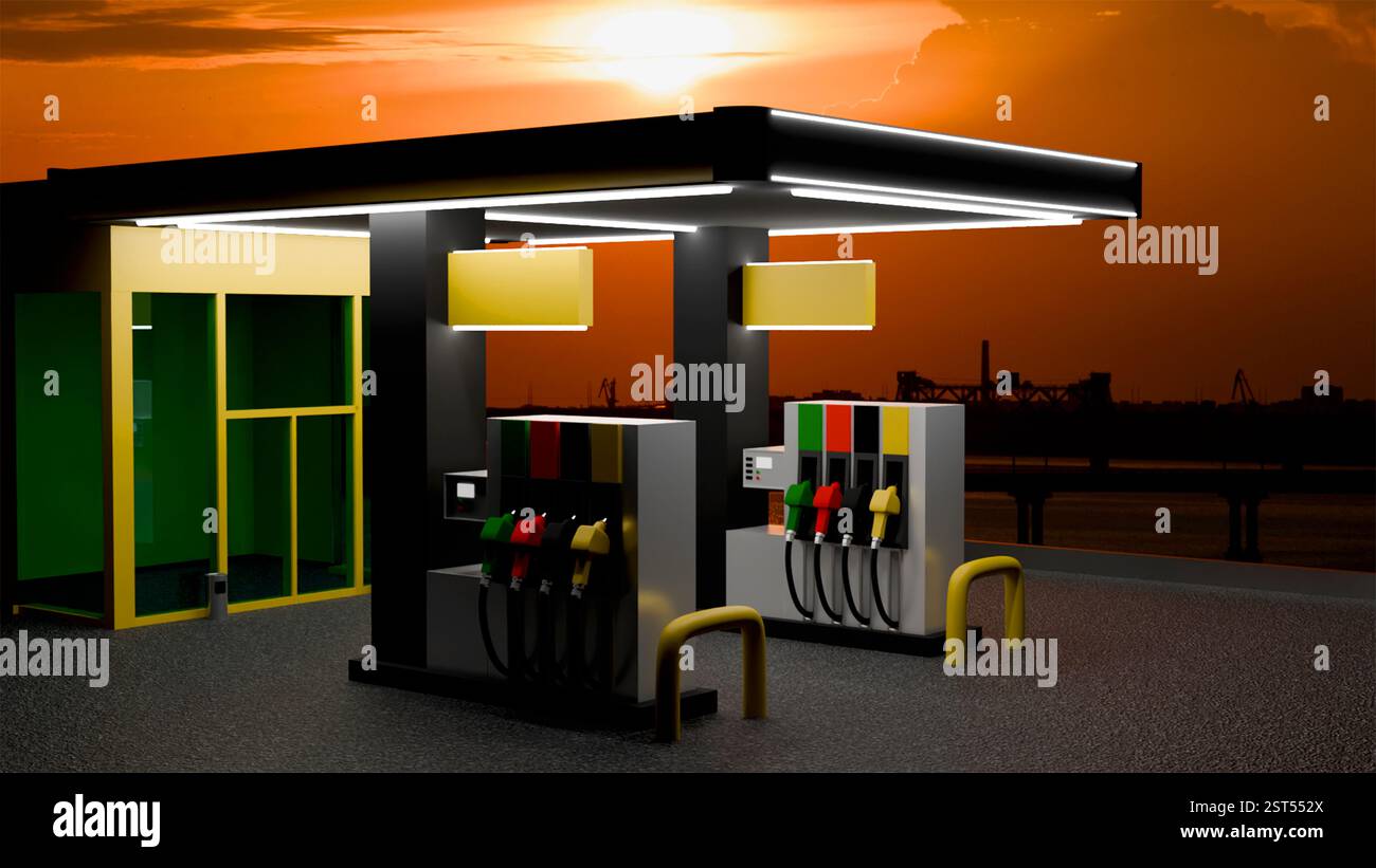 3D model of a black and yellow gas station at sunset, gas station Stock ...