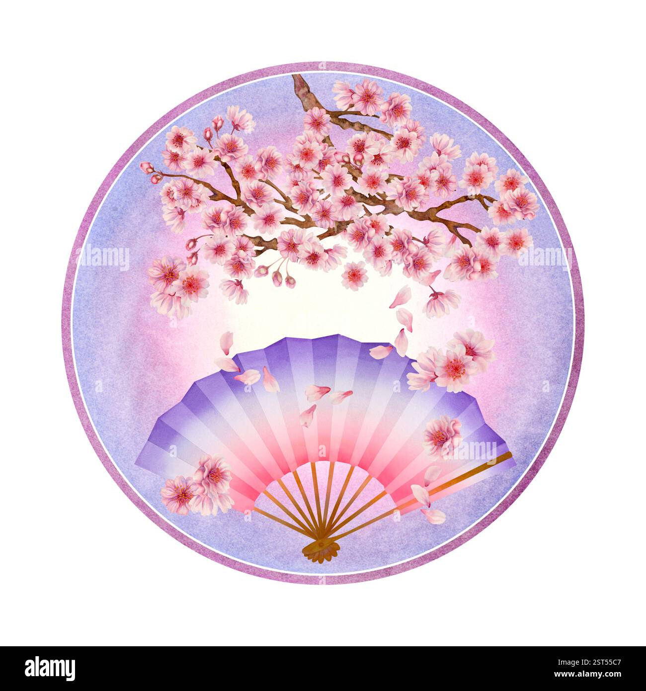 Folding fan with sakura flowers in a round frame with a colored gradient background. Spring ...