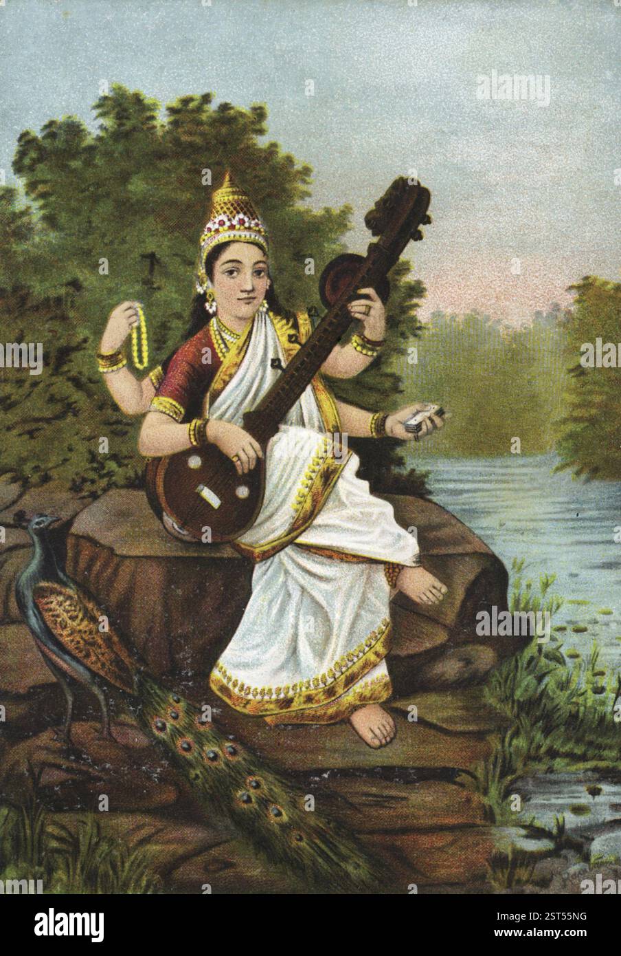 Goddess Saraswati, the Goddess of Learning is playing a Veena, India ...