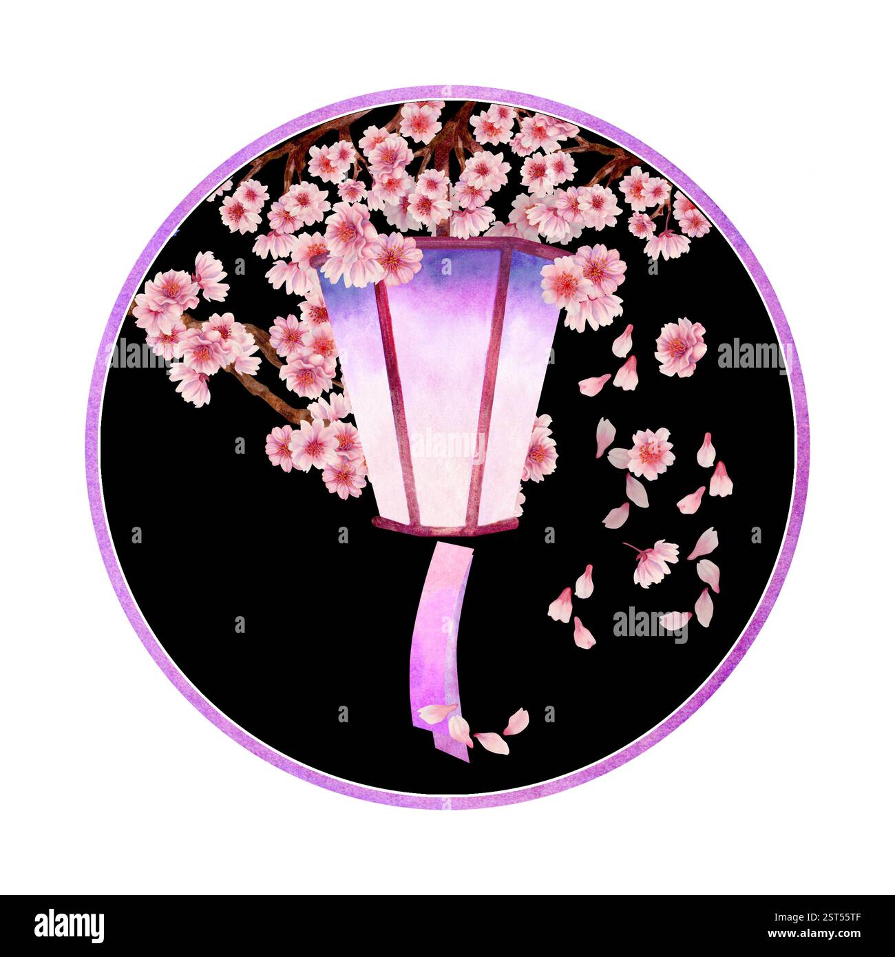 Lantern with sakura flowers in a round frame with a black background ...