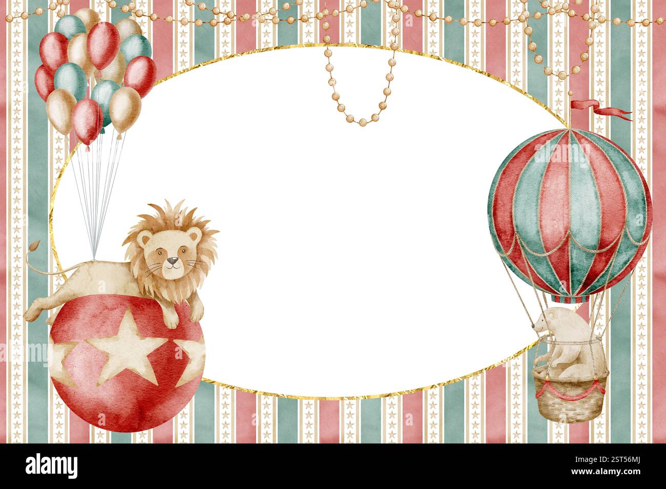 Circus greeting Card with lion on a ball and a bear in a hot air ...