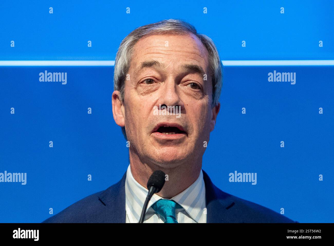 London, UK. 12 February 2025. Leader of Reform UK Nigel Farage ...
