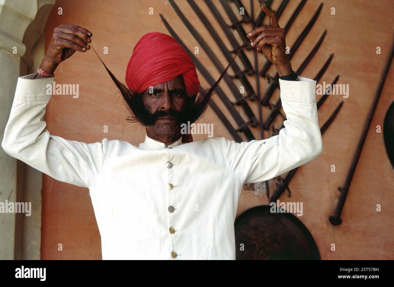 Royal guard showing long moustache, city palace, jaipur, rajasthan ...