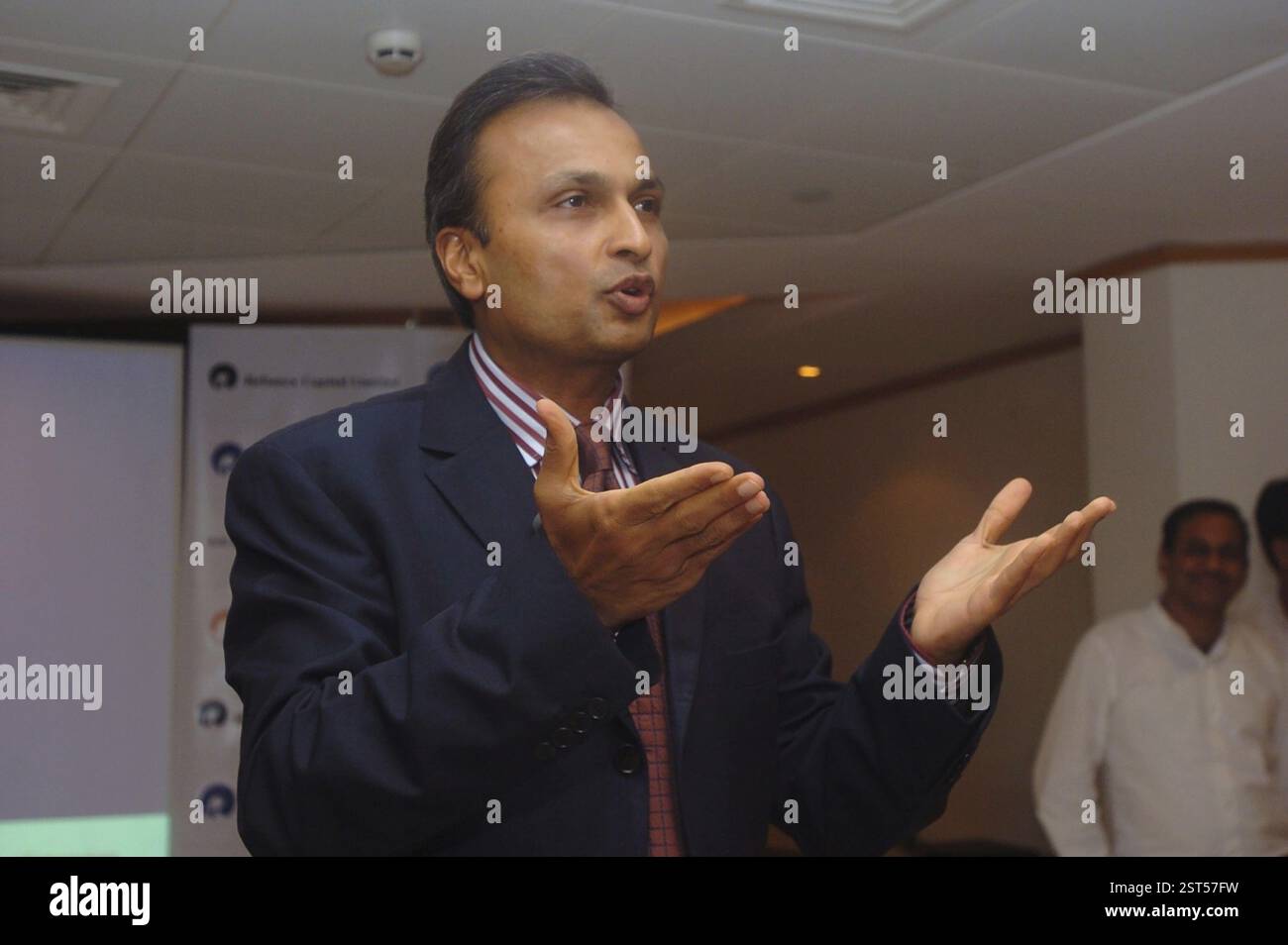 Anil Ambani, head of Reliance, addressing the press at his office ...