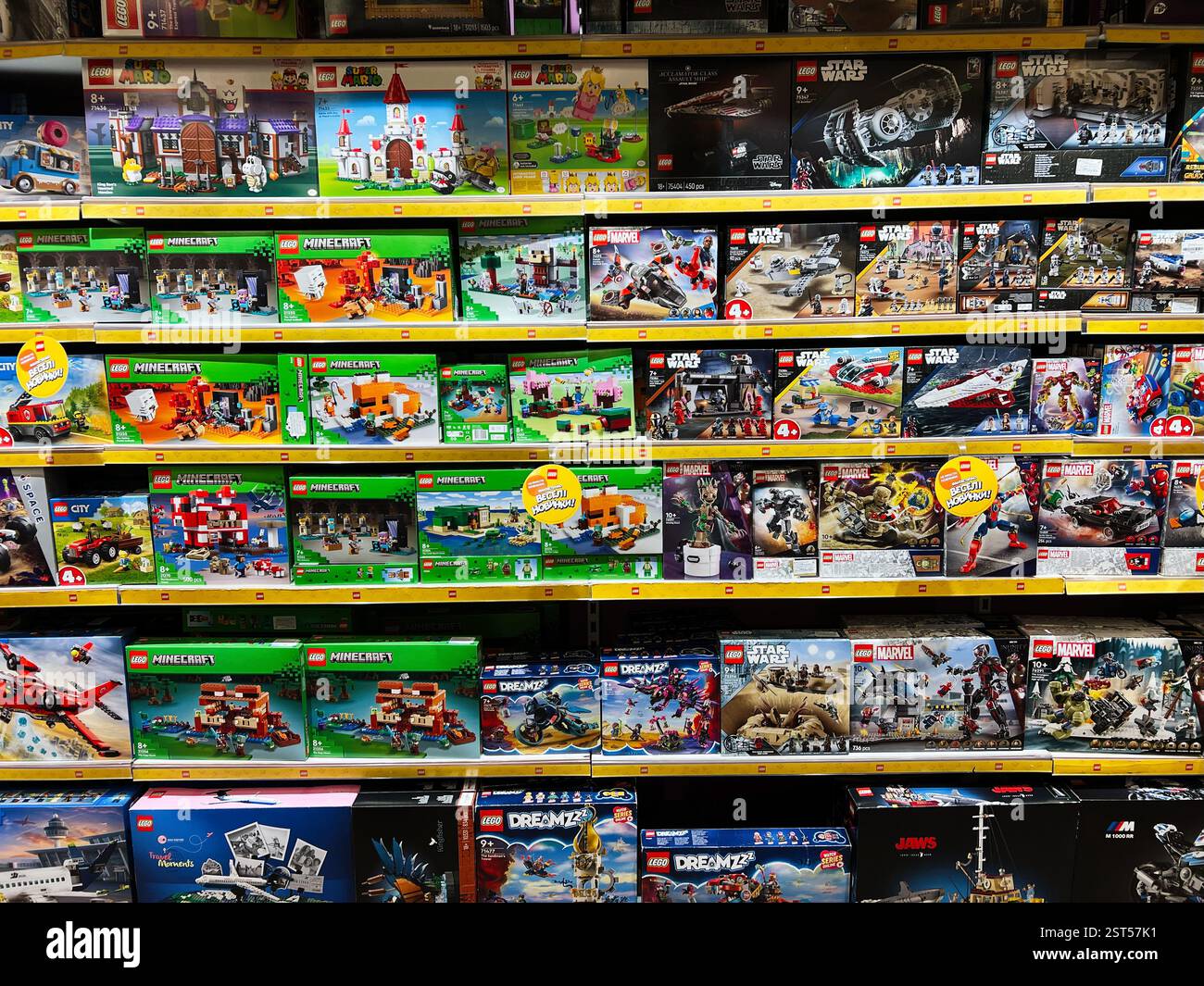 Lviv, Ukraine - February 16, 2025: A store shelf filled with LEGO sets ...