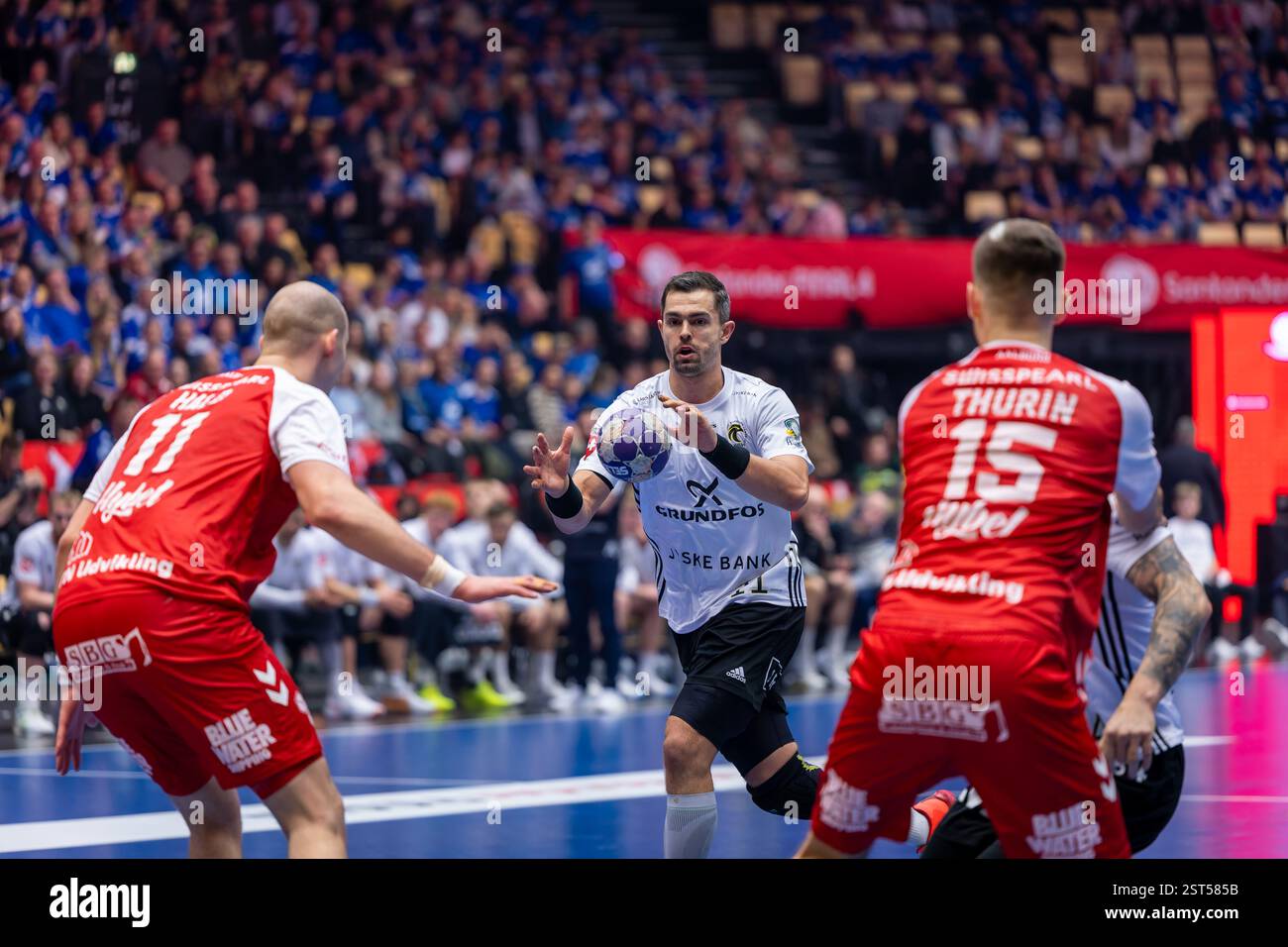 Herning, Denmark. 16th Feb, 2025. Rasmus Lauge (11) of Bjerringbro-Silkeborg seen during the ...