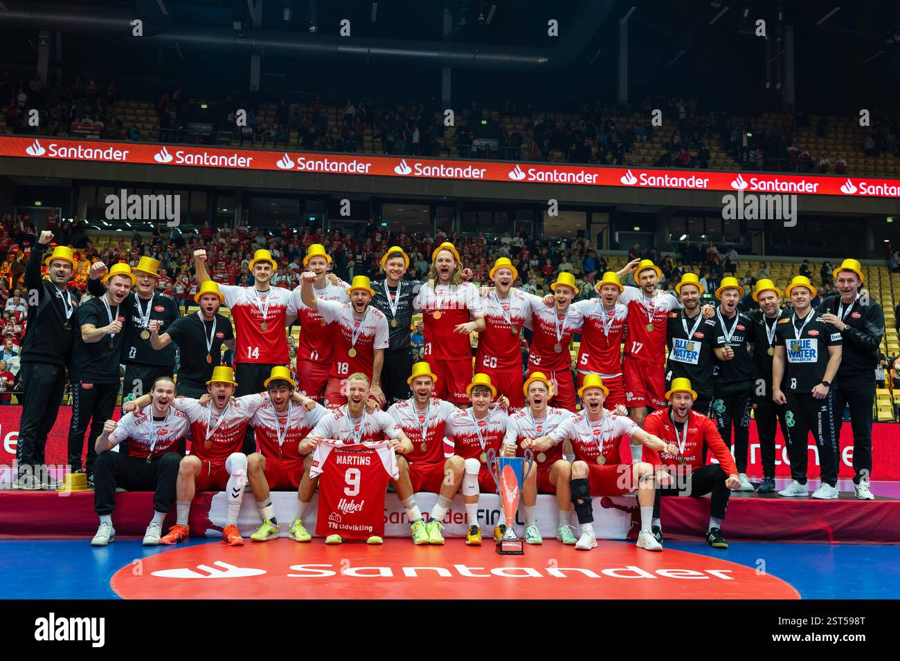 Herning, Denmark. 16th Feb, 2025. The players of Aalborg Handball seen ...