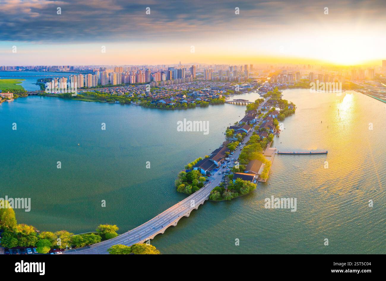 Aerial Scenery of Li Gongdi in Jinji Lake Scenic Area, Suzhou City, Jiangsu Province, China ...