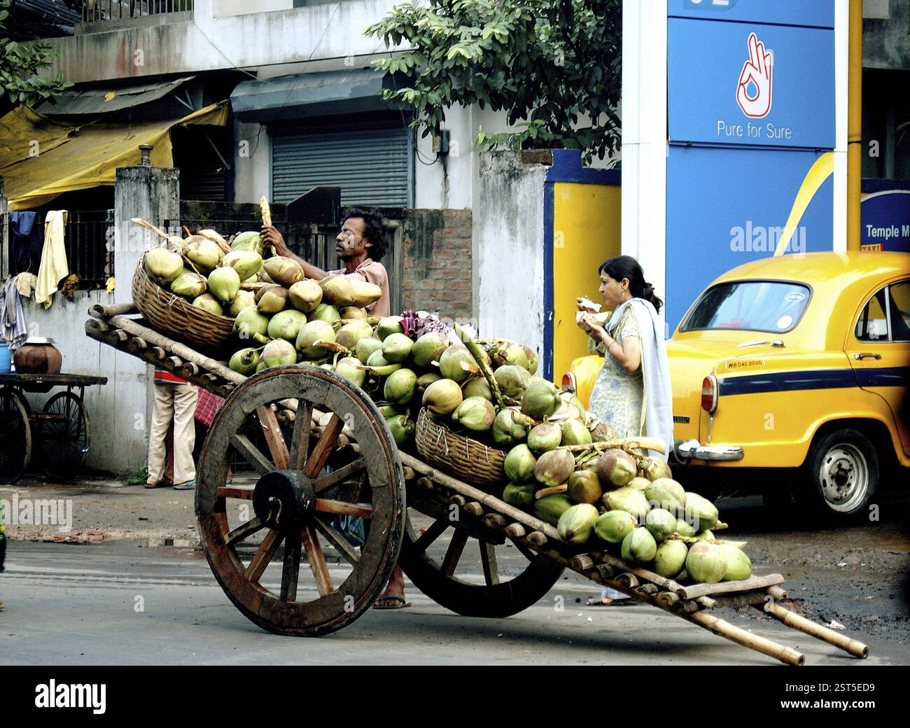 Coconut seller with hand cart and woman drinking coconut water ...
