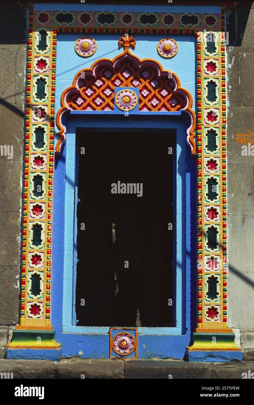 Richly painted side entrance of Shri Vighneshwar temple, Ozar, Ashta ...