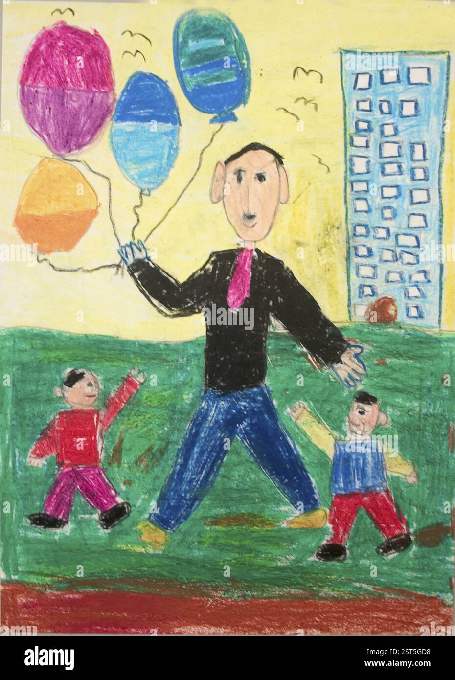 Painting by the child, the balloon seller, oil pastel, By the student ...