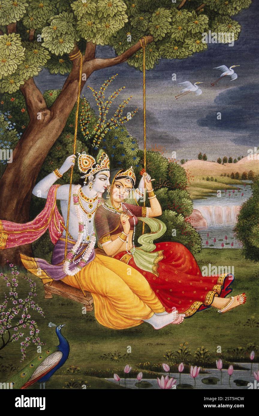 Radha Krishna enjoying Jhoola Miniature Painting on Paper Stock Photo ...