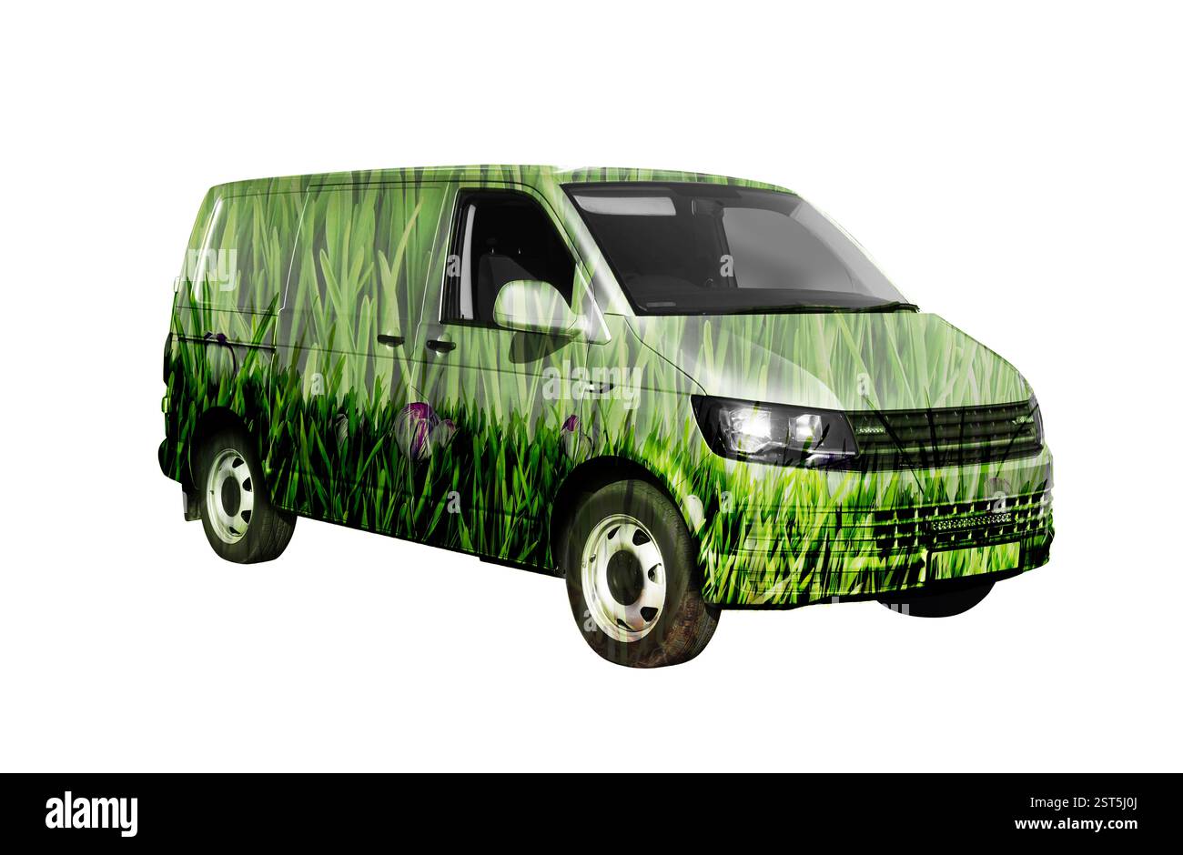 Eco-friendly transportation. Minibus with green floral pattern on white ...