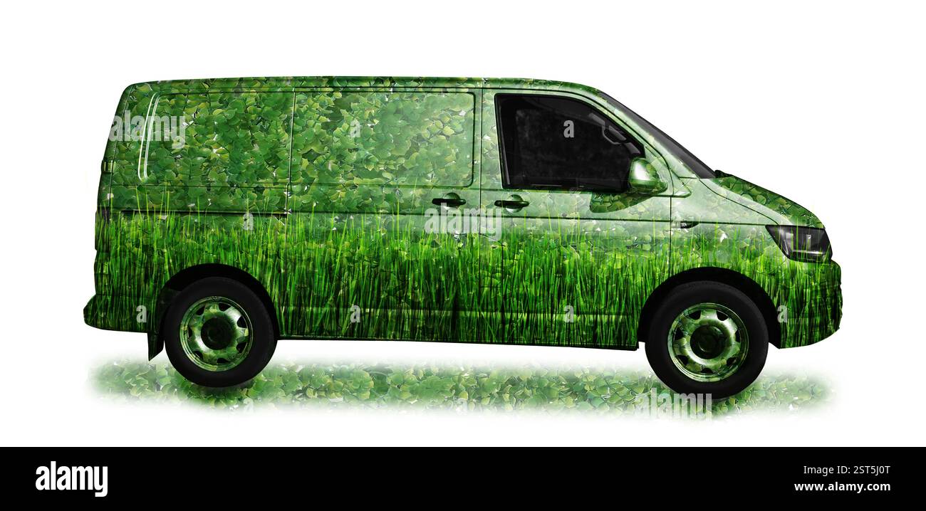 Eco-friendly transportation. Minibus with green floral pattern on white ...