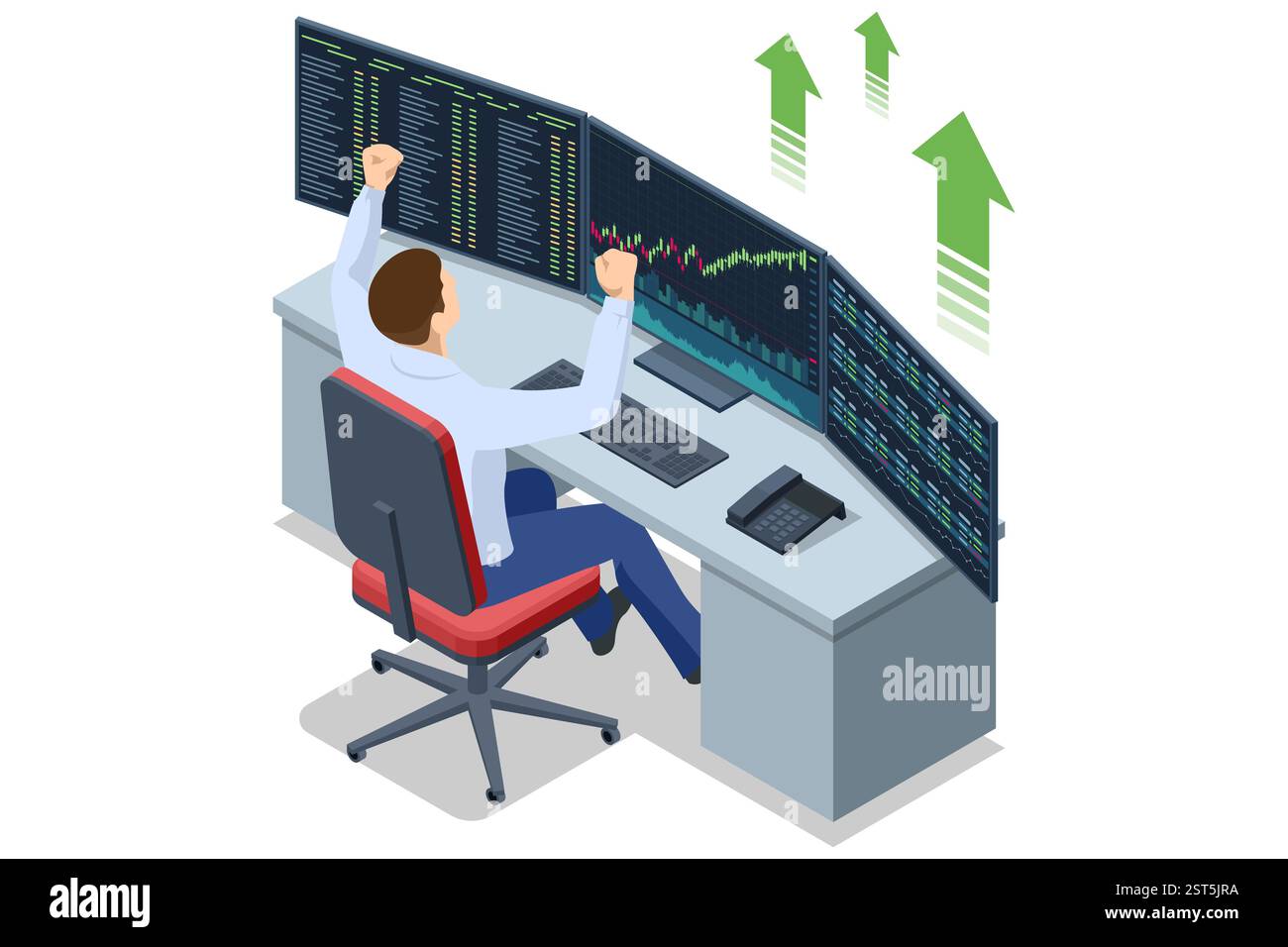 An isometric vector illustration of a trader celebrating in front of ...