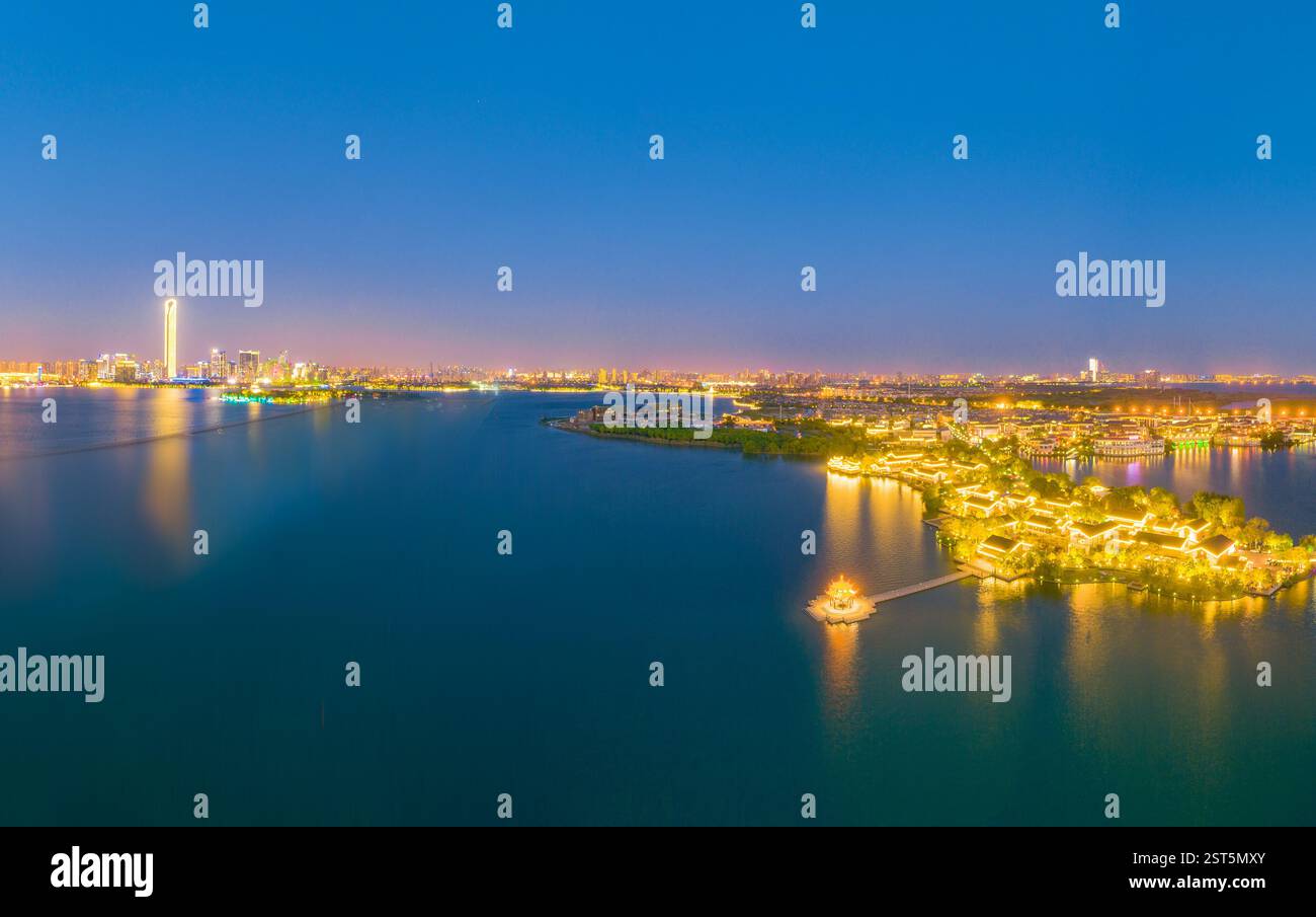 Night view aerial photography of Li Gongdi in Jinji Lake Scenic Area ...
