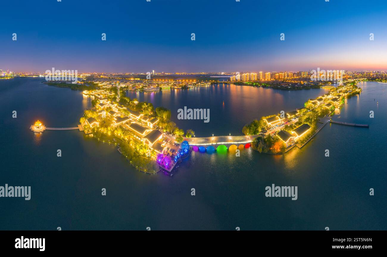 Night view aerial photography of Li Gongdi in Jinji Lake Scenic Area ...