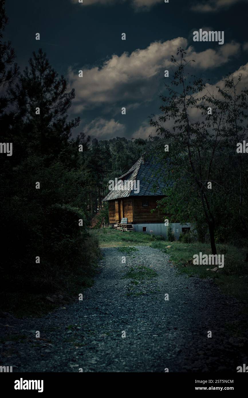 Log cabin in the forest at night Stock Photo - Alamy