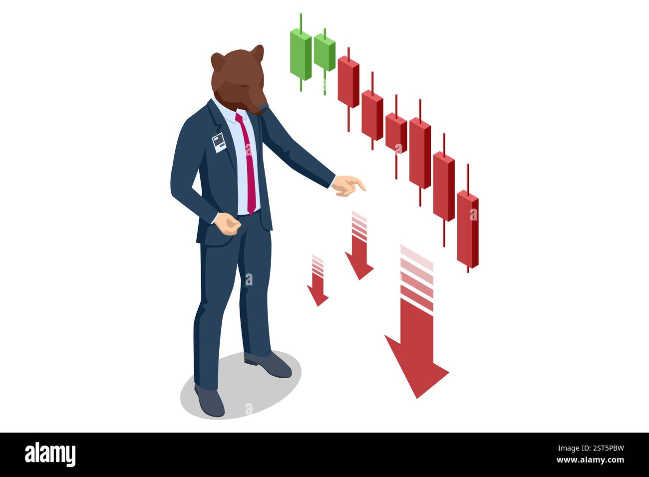 Isometric illustration showing a red bear with a declining stock market ...