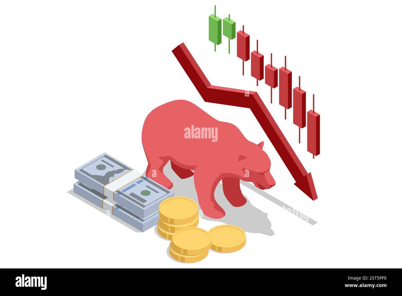 Isometric illustration showing a red bear with a declining stock market ...