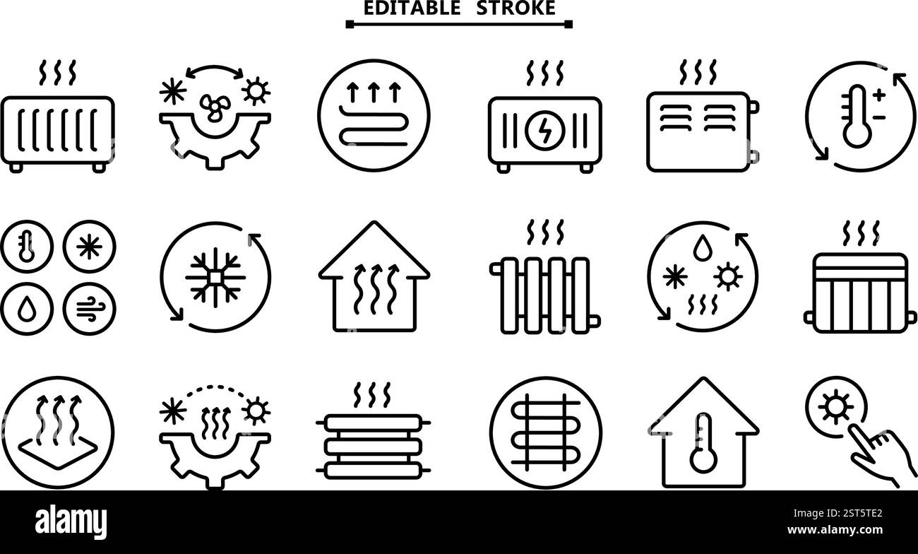 HVAC icons set. Editable stroke. Commercial services. Heating and cooling system. Air ...