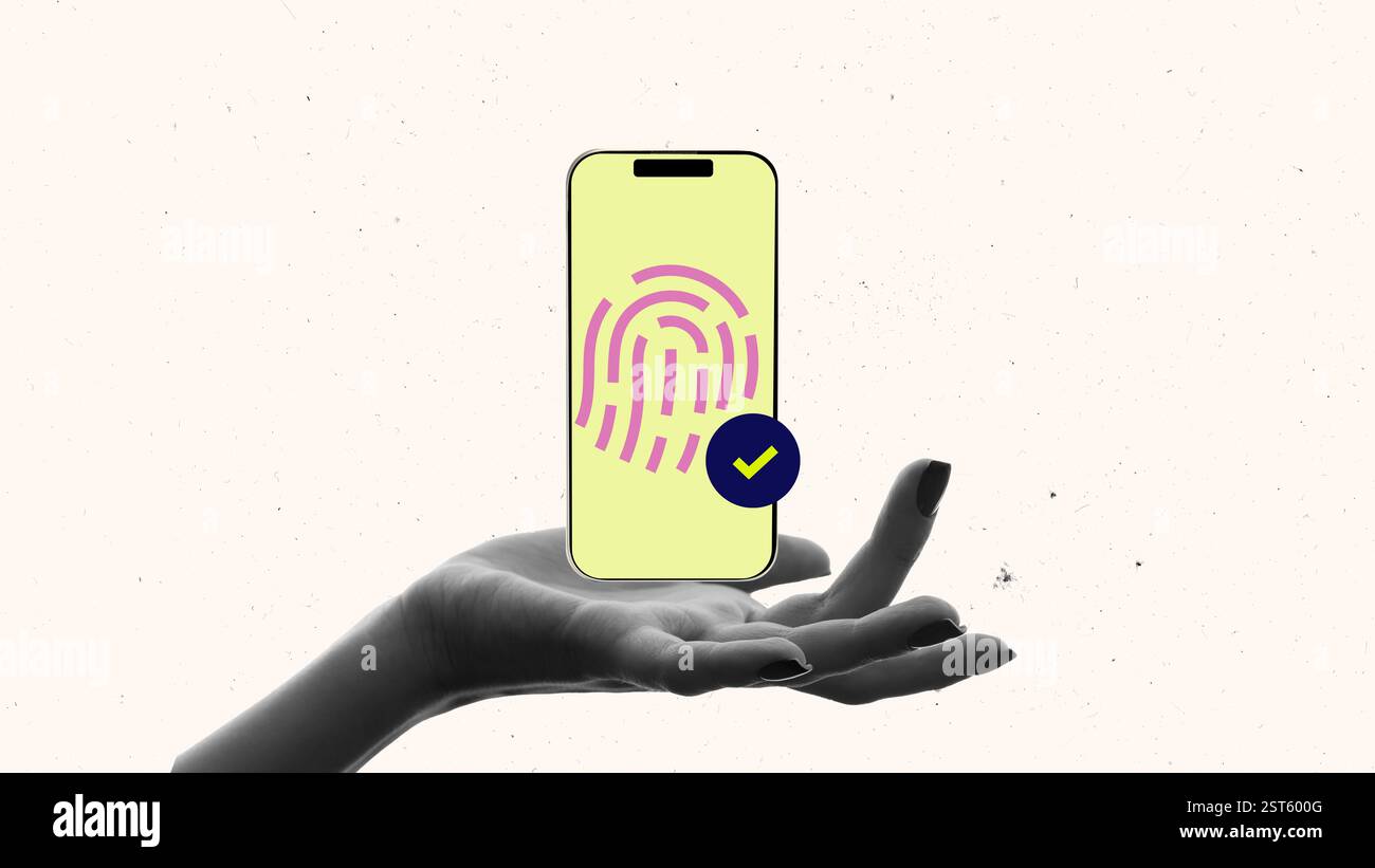 Smartphone with fingerprint authentication floating above hand. Secure ...