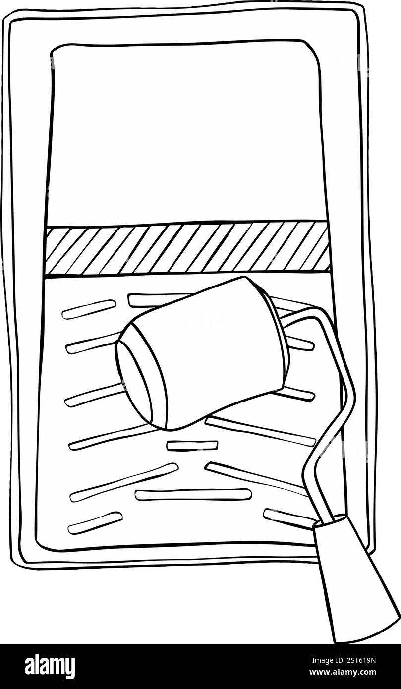 Graphic line vector illustration paint roller and plastic paint tray ...