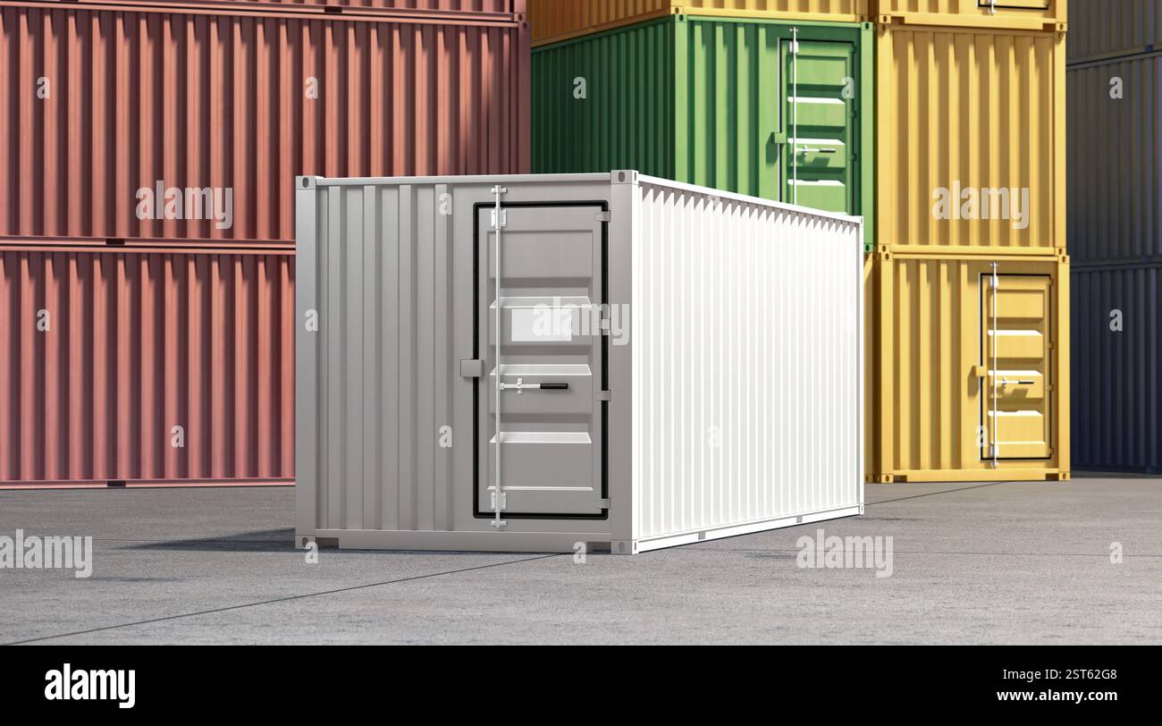 White and colored steel cargo container standing in port mockup Stock ...