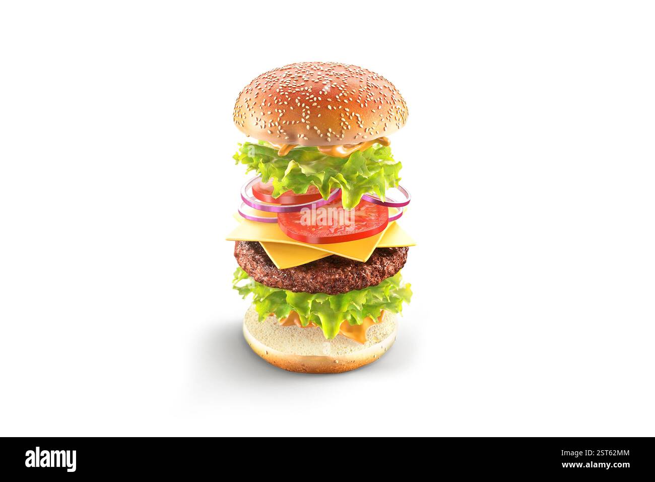 Beef hamburger with cheese and vegetables mockup ingredients, isolated ...