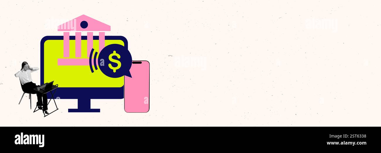 Woman working remotely near digital banking interface with smartphone ...