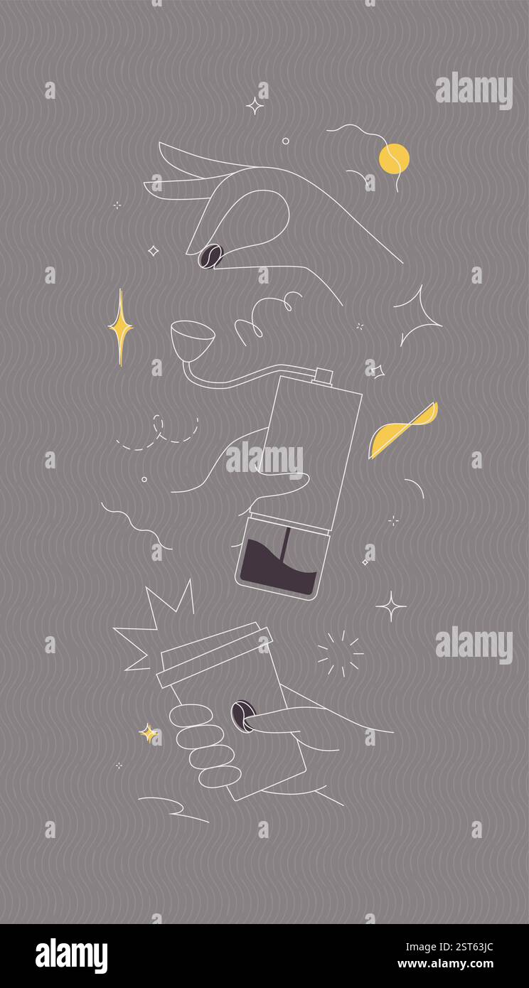 Coffee bean and grinder take away cup symbols drawing in modern linear ...