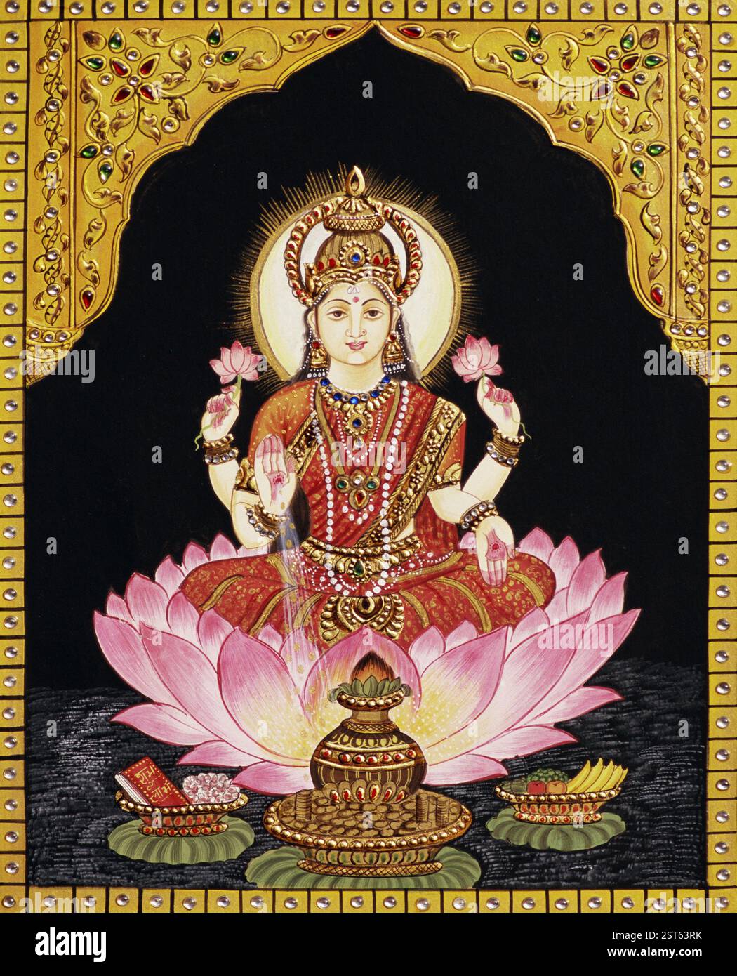 Goddess Lakshmi sitting in lotus miniature painting on paper with gold ...