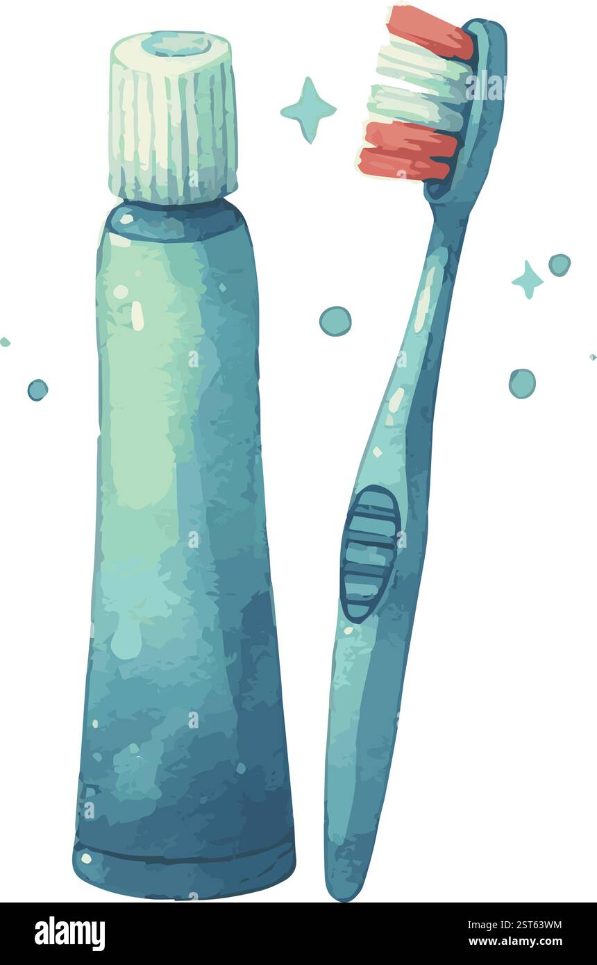 Watercolor Vector Illustration of a Toothbrush and Toothpaste Stock ...