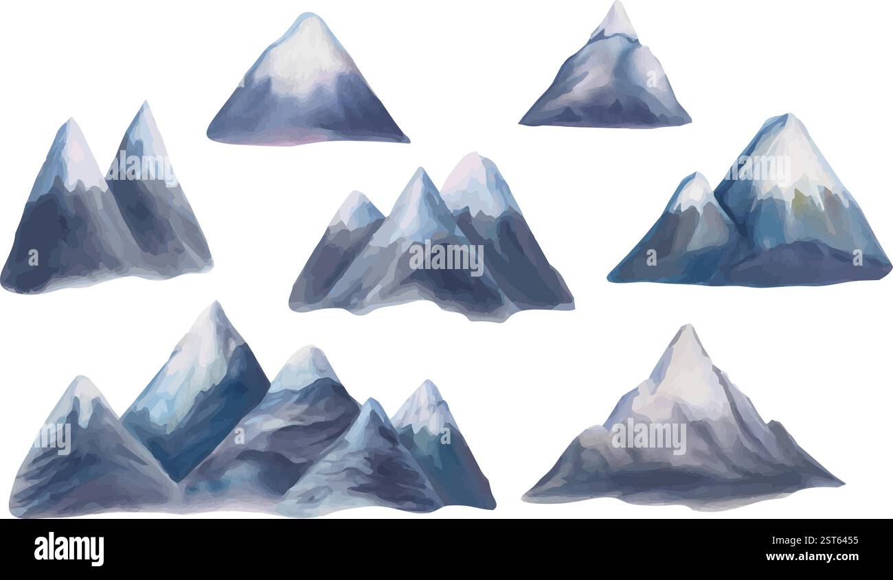 Watercolor set of Vector Illustration of majestic mountains and ...