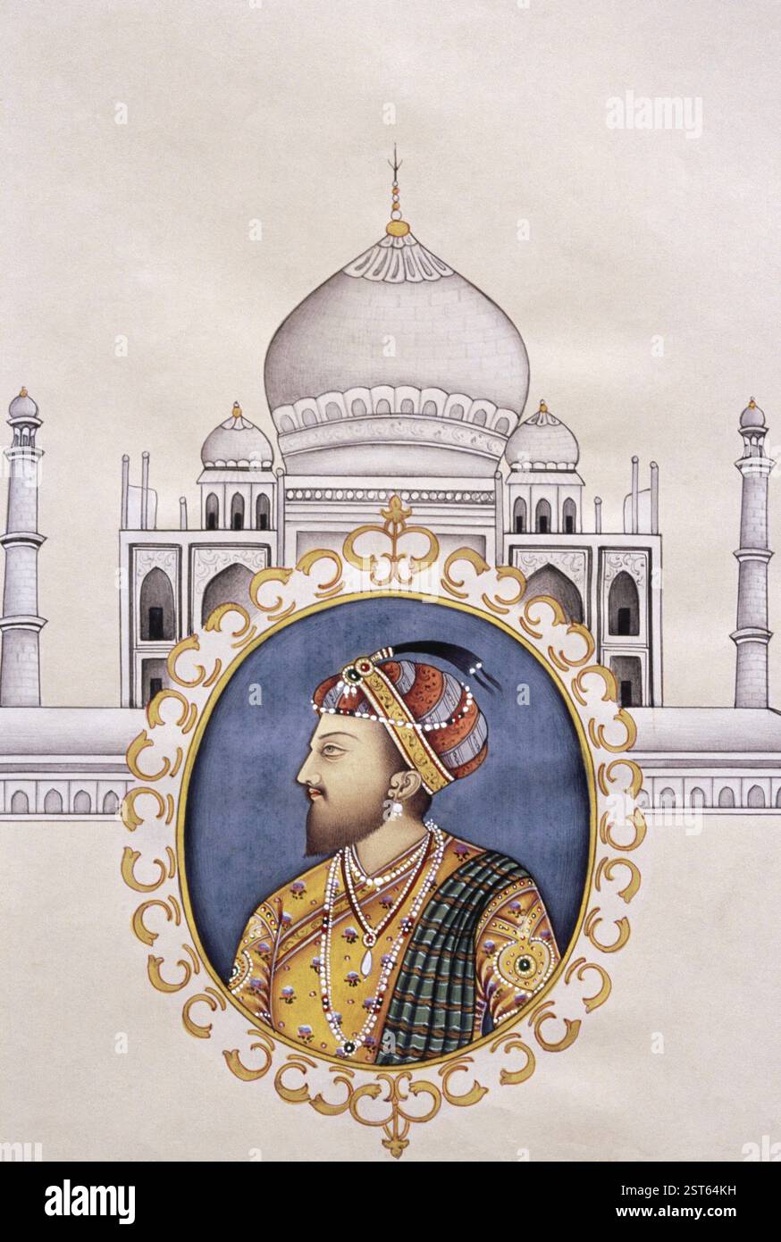 Miniature Painting of Mughal Emperor Shah jahan and Taj Mahal in background Stock Photo - Alamy