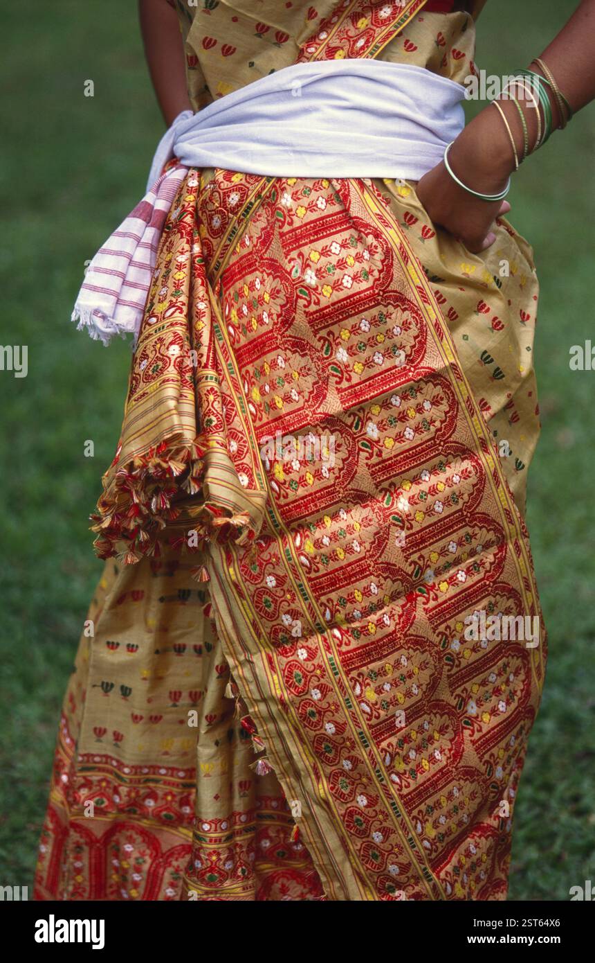 Lady wearing assamese traditional silk sari, muga silk, Assam, India ...