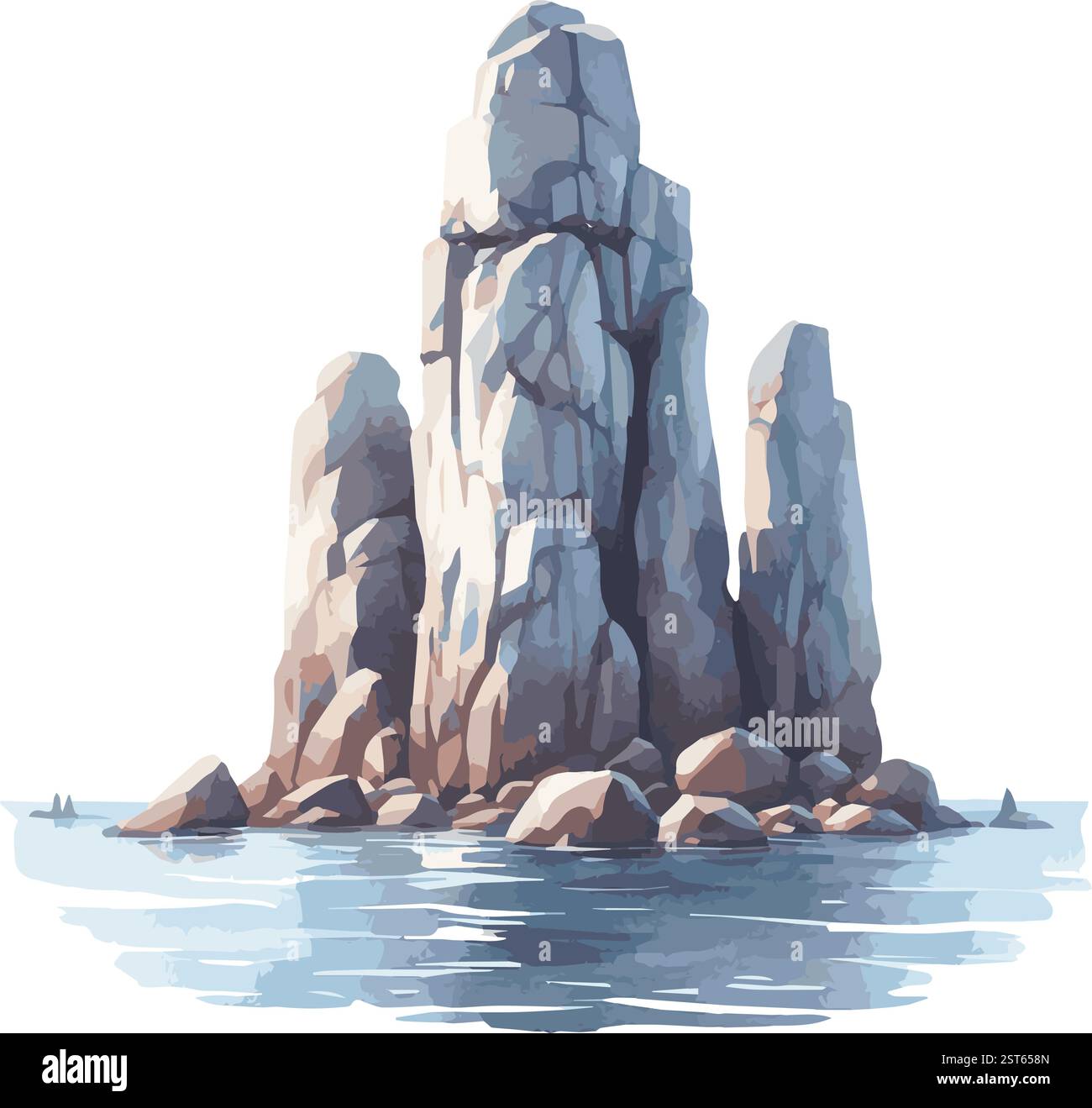 Watercolor Vector Illustration of a Rocky monument in water Stock ...
