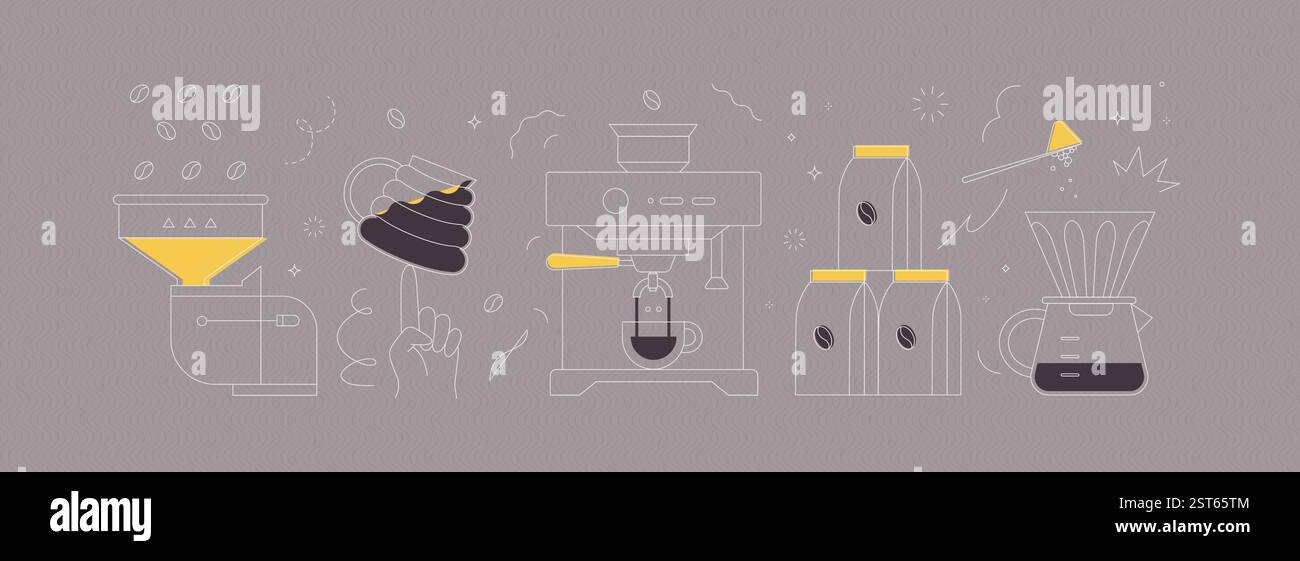 Coffee mill, cup, machine, pack, maker symbols drawing in modern linear ...
