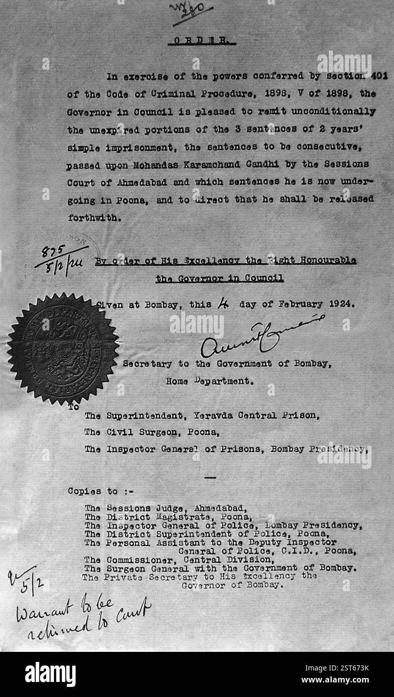Mahatma Gandhi's release order, February 4, 1924 Stock Photo - Alamy
