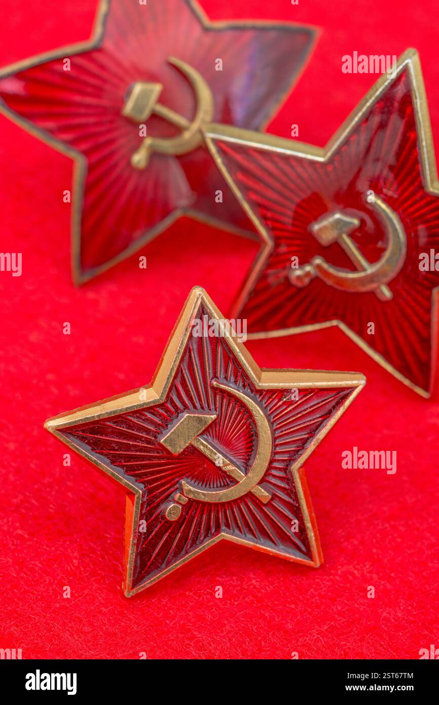 Close shot of Soviet Hammer and Sickle cap badge / Soviet army insignia ...