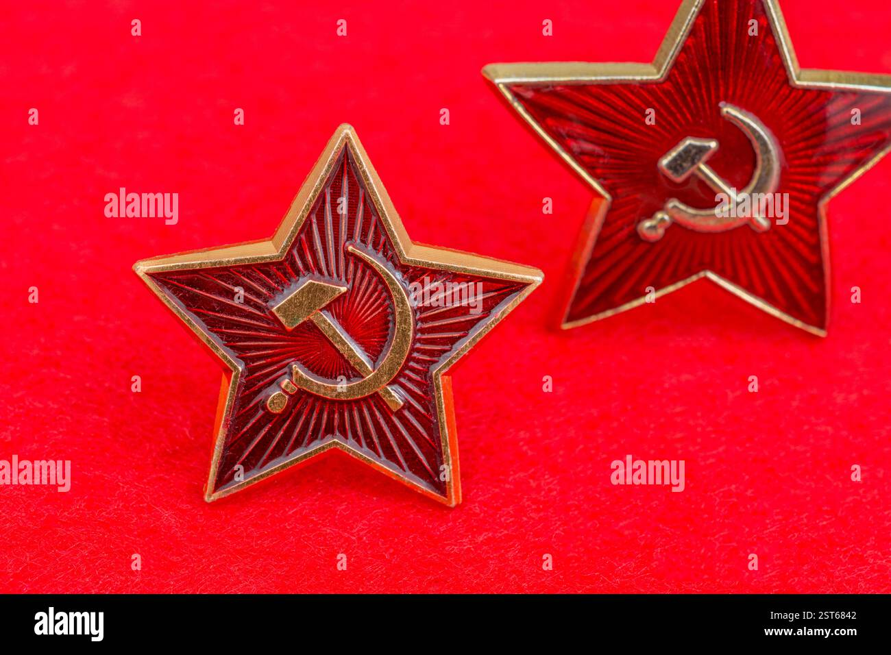 Close shot of Soviet Hammer and Sickle cap badge / Soviet army insignia ...