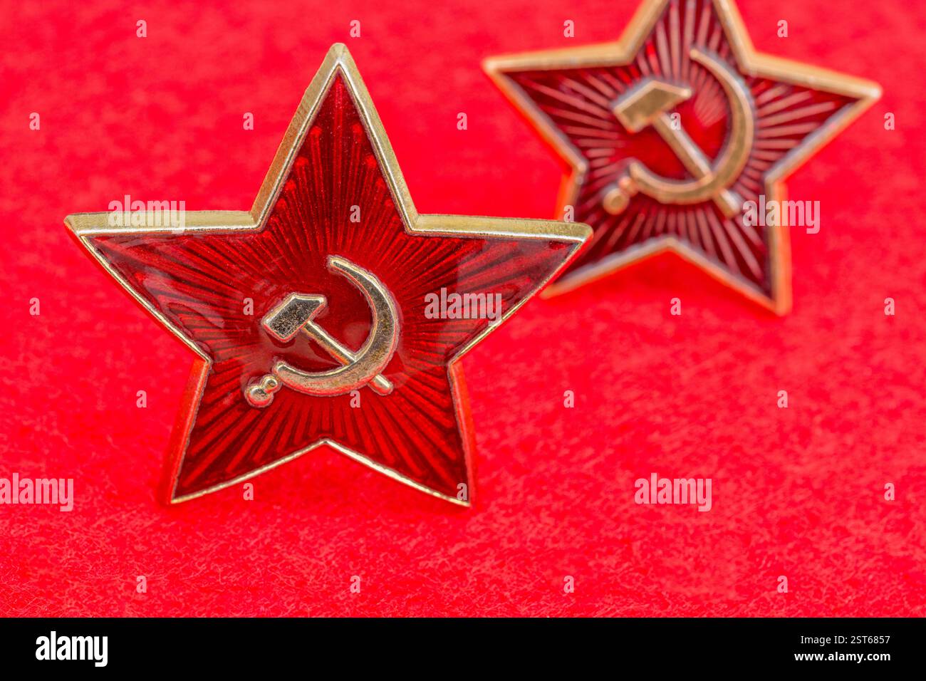 Close shot of Soviet Hammer and Sickle cap badge / Soviet army insignia ...