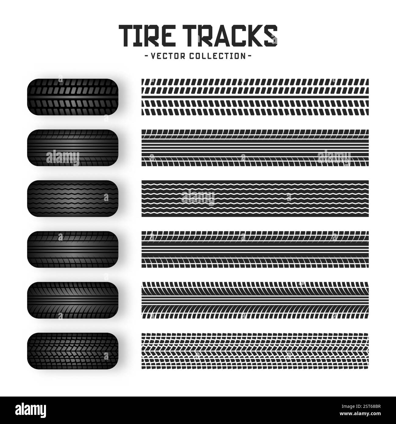Tire tracks, rubber wheels, and braking marks. Truck, car, or motorcycle tread pattern ...